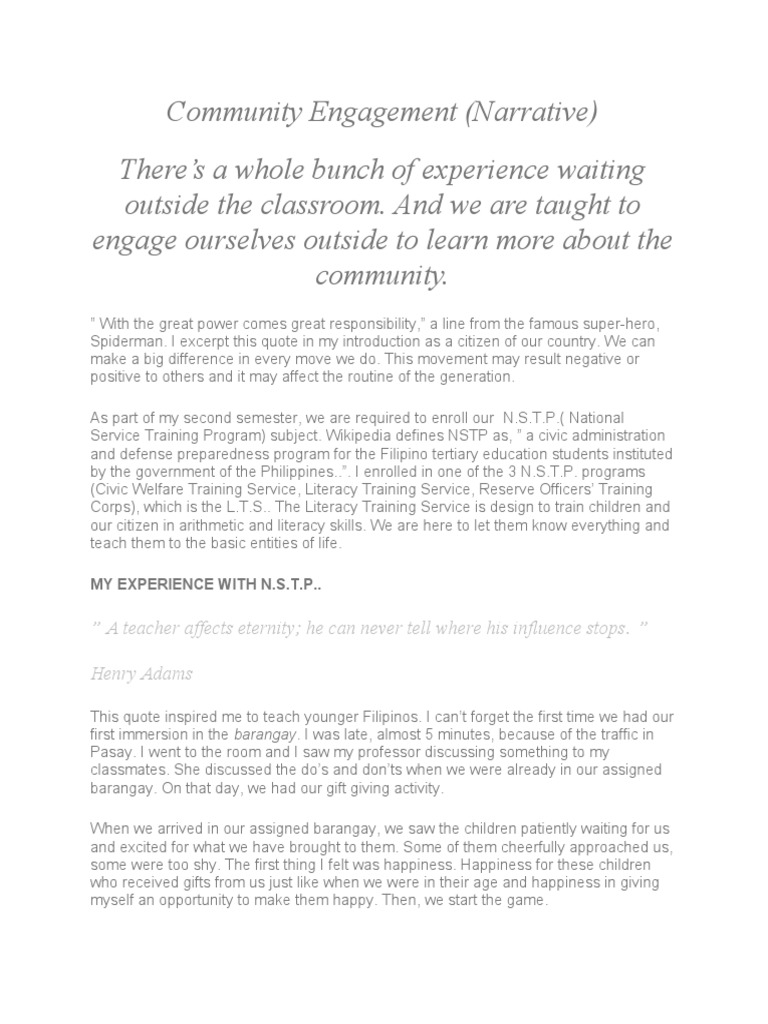 NARRATIVE REPORT NSTP Sample | PDF | Literacy | Love