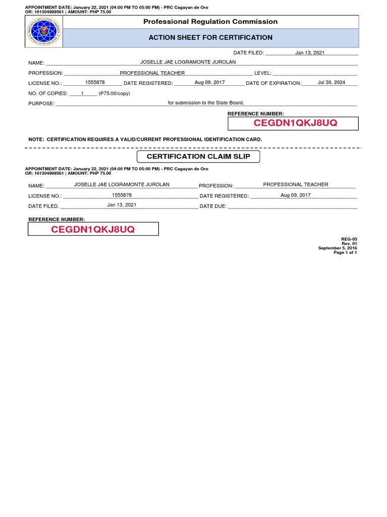 PRC Certification Action Sheet CDO | PDF | Government And Personhood ...