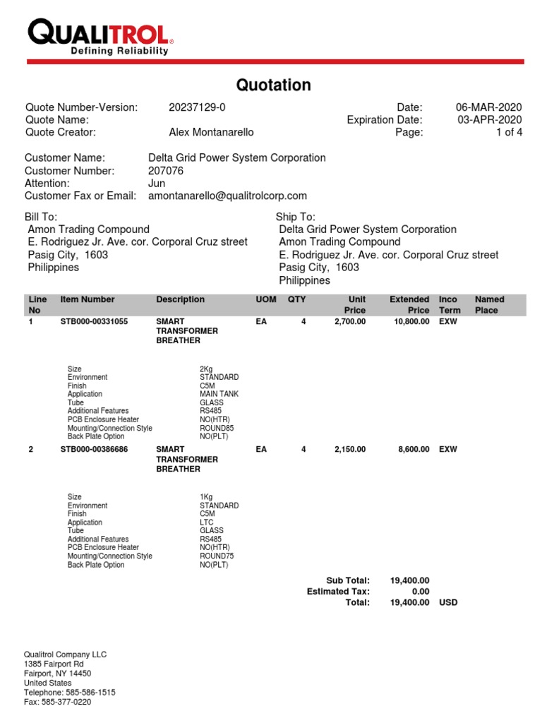 Quotation: Line No Item Number Description UOM QTY Unit Price Extended ...