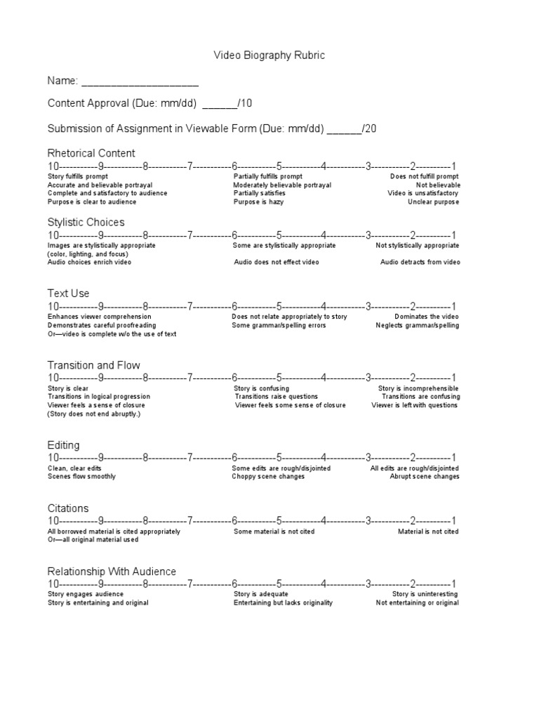 Video Biography Assignment Rubric | PDF | Communication