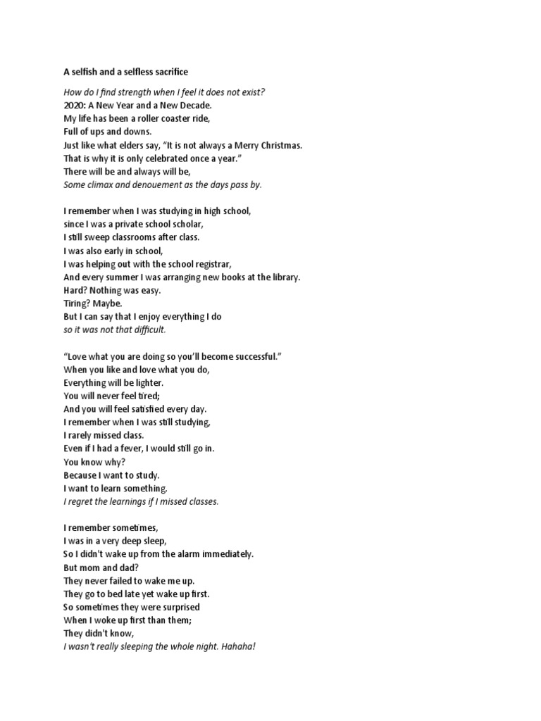 A Selfish and A Selfless Sacrifice Poem | PDF | Foods
