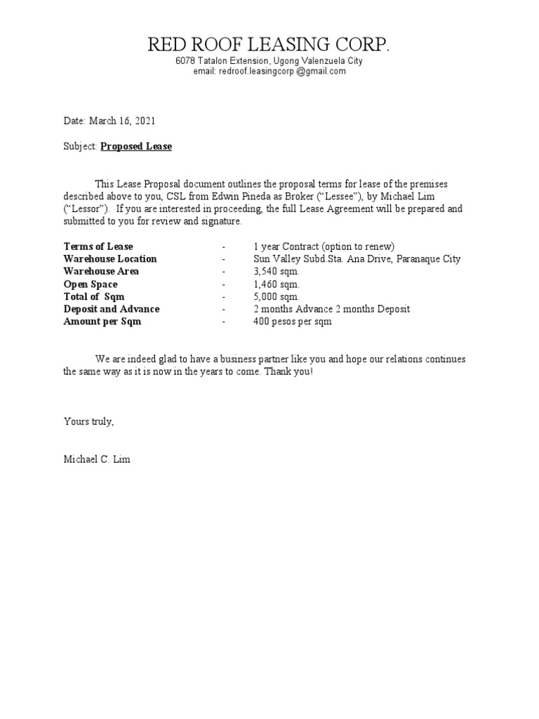 Proposal To Lease Letter | PDF