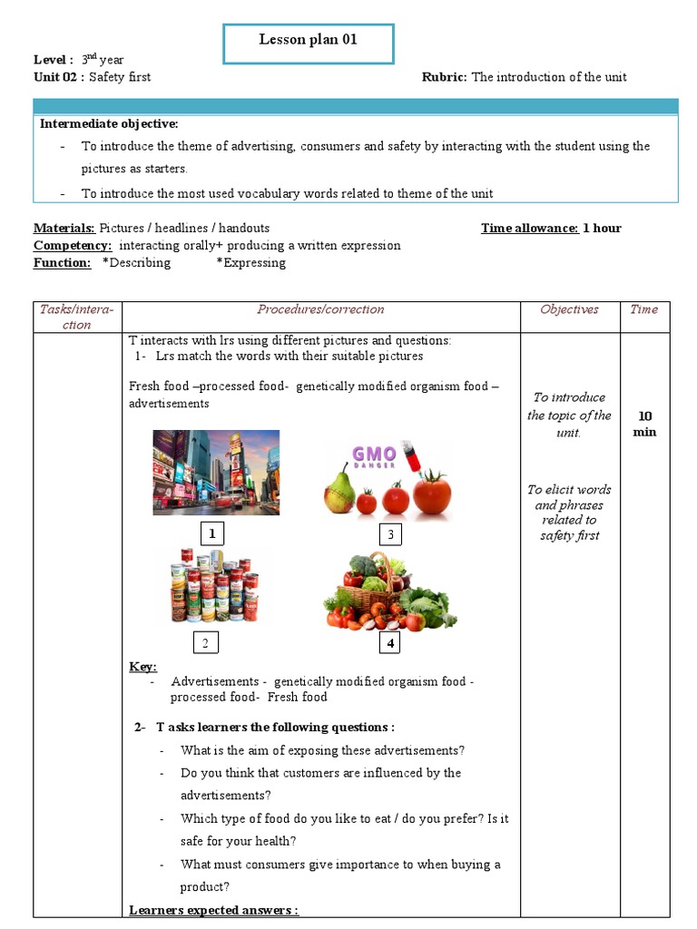 Sequence 01 Lessons Plans Safety First | PDF | Organic Foods | Foods