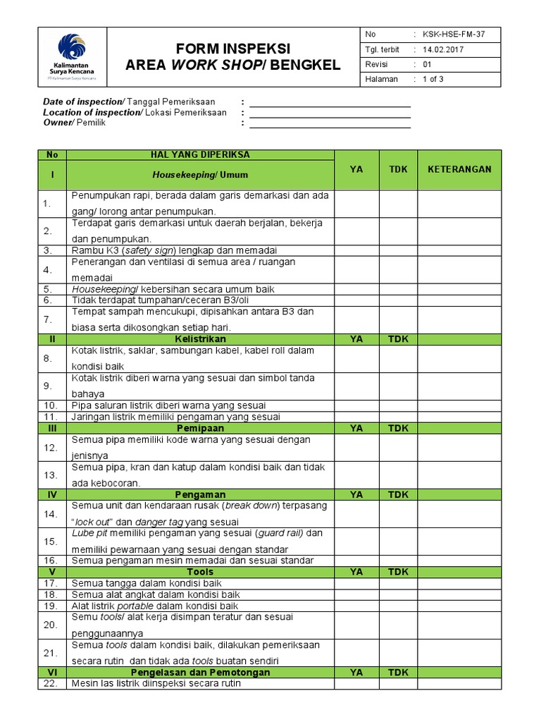 KSK-HSE-FM-37 - Formulir Inspeksi Area Workshop Atau Bengkel | PDF