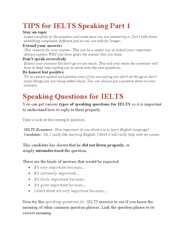 TIPS For IELTS Speaking Part 1 | PDF | Question | Foods