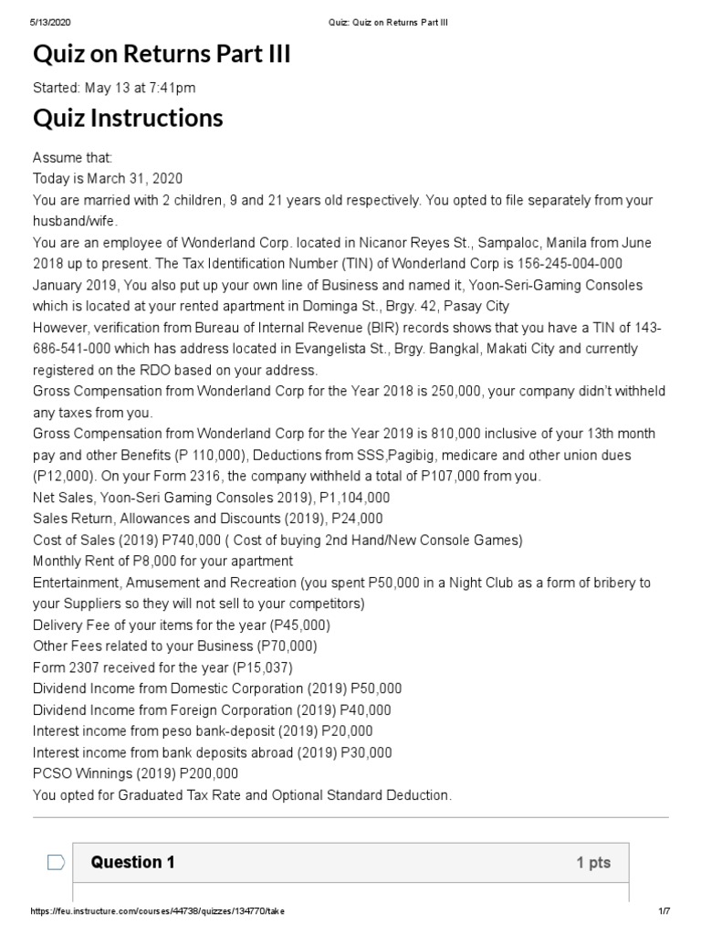 Quiz - Quiz On Returns Part III (ATTEMPT 1) | PDF | Taxes | Government ...