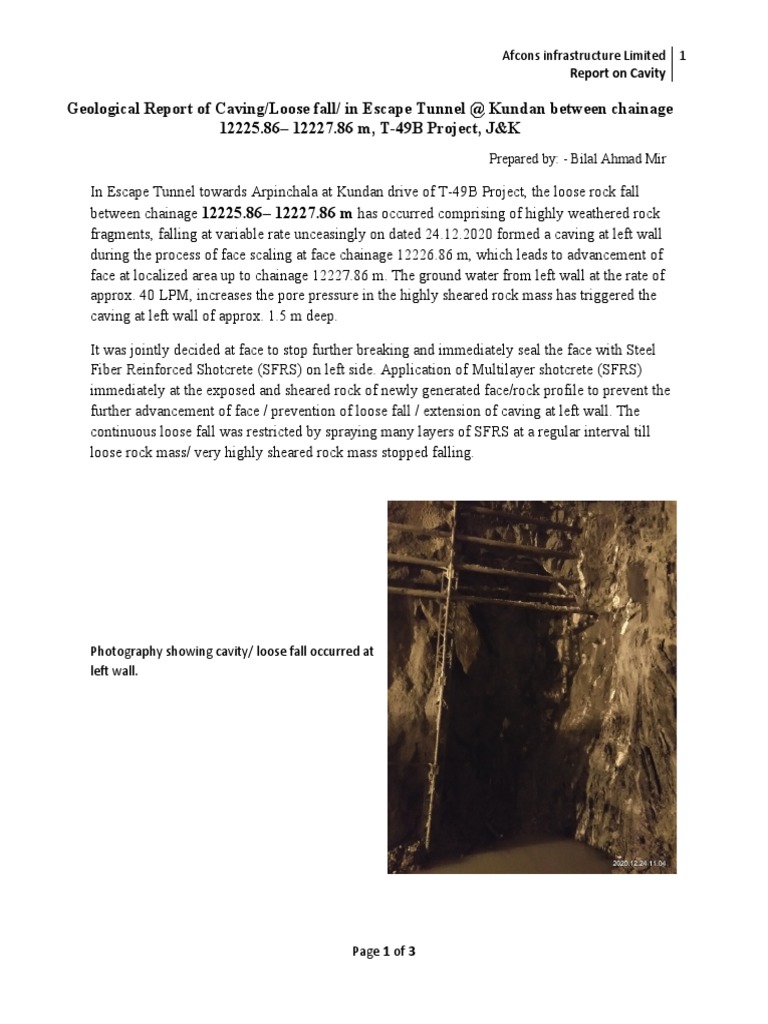 Geological Report of Caving/Loose Fall/ in Escape Tunnel at Kundan ...