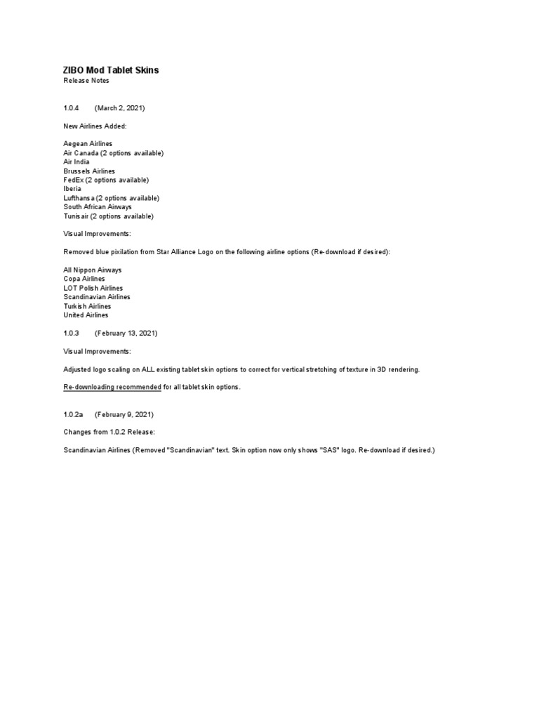 ZIBO Mod Tablet Skins Release Notes | PDF