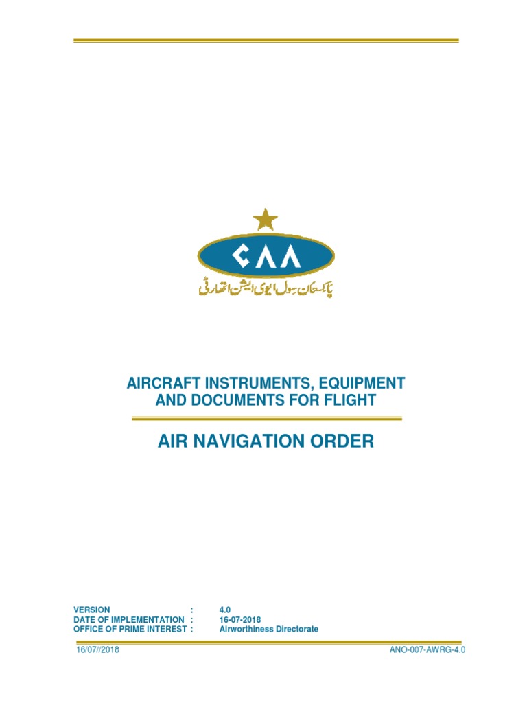 Air Navigation Order: Aircraft Instruments, Equipment and Documents For ...