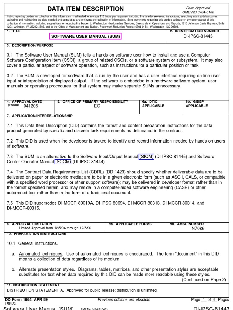Data Item Description: Software User Manual (Sum) | PDF | Menu ...