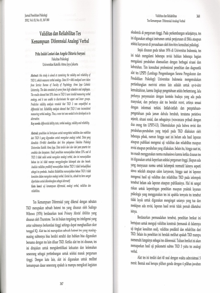 Validitas Dan Reliabilitas Tes Kemampuan Diferensial Analogi Verbal | PDF