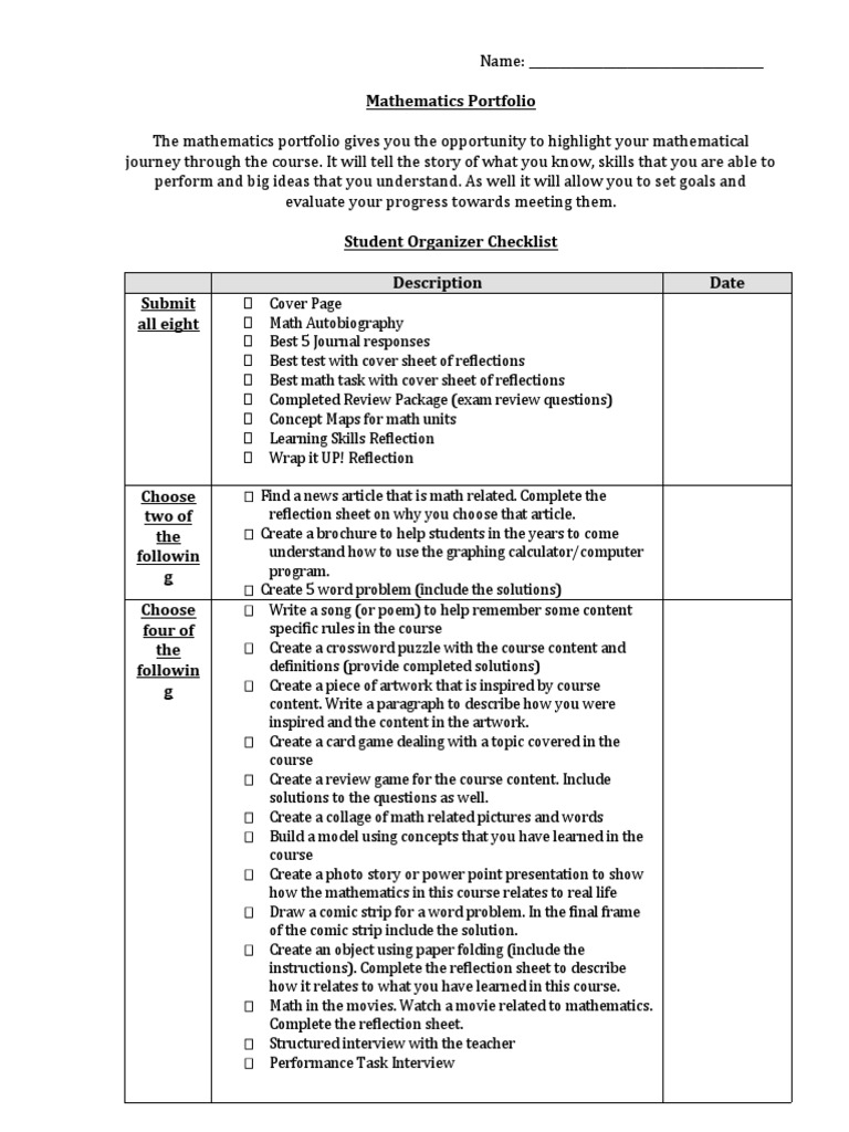 MathPortfolioChecklist 1 | PDF | Teaching Mathematics | Test (Assessment)