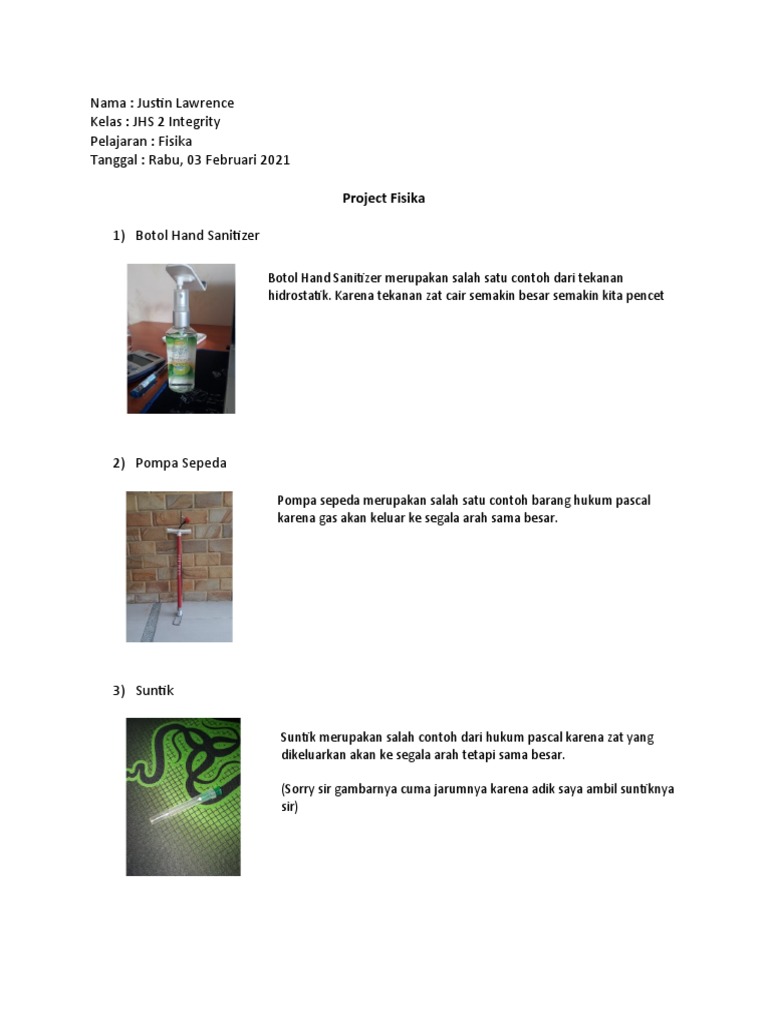 Proyek Fisika: Contoh Hukum Pascal dan Tekanan | PDF | Sains & Matematika