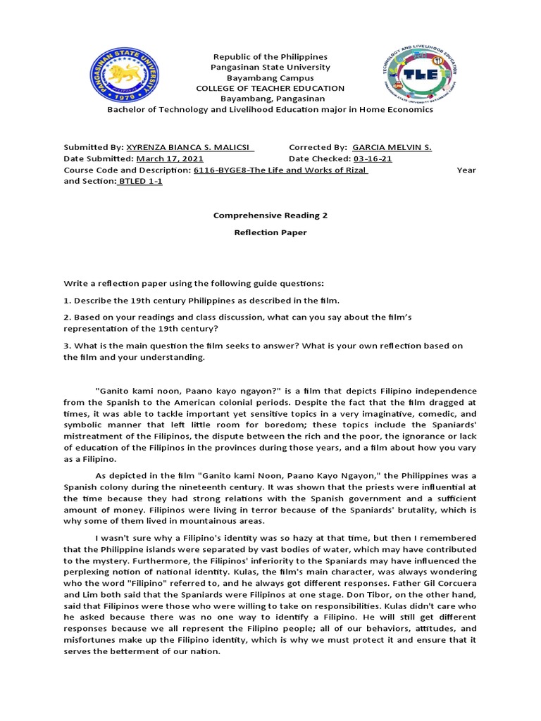 Comprehensive Reading 2 Reflection Paper | PDF | Philippines