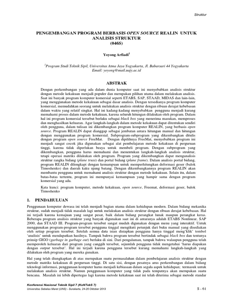 Pengembangan Program Berbasis Open Source Realin Untuk Analisis Struktur (046S) | PDF