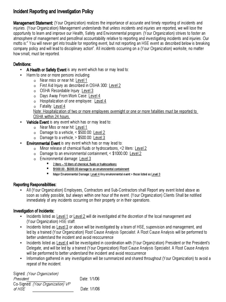 Incident Reporting and Investigation Policy | PDF | Occupational Safety ...