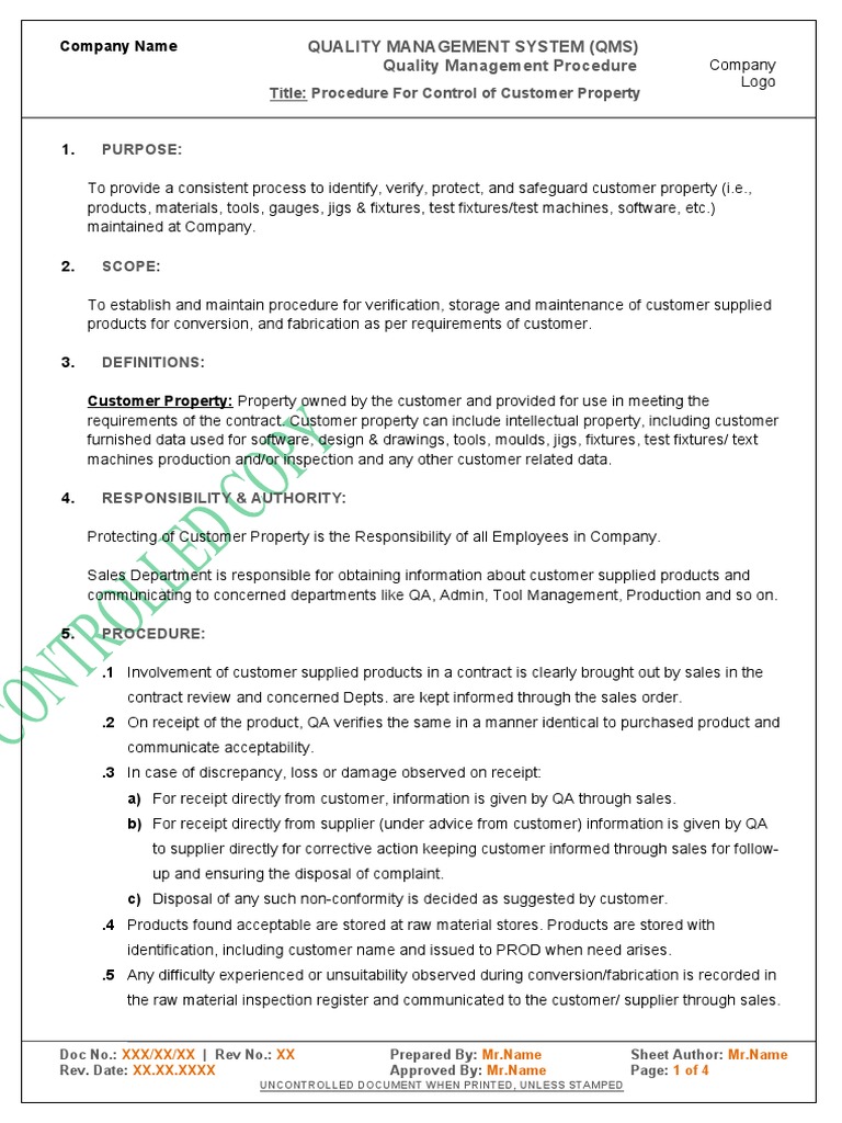 Procedure For Control of Customer Property | PDF | Verification And ...