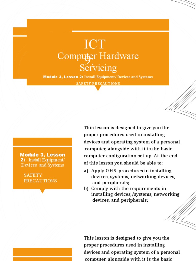Computer Hardware Servicing: Module 3, Lesson 2: Install Equipment/ Devices and Systems ...