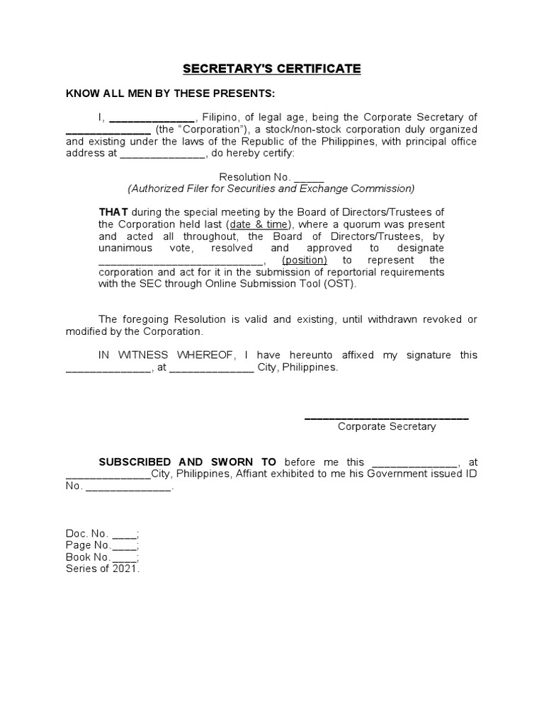 Secretary'S Certificate: (Authorized Filer For Securities and Exchange Commission) | PDF ...