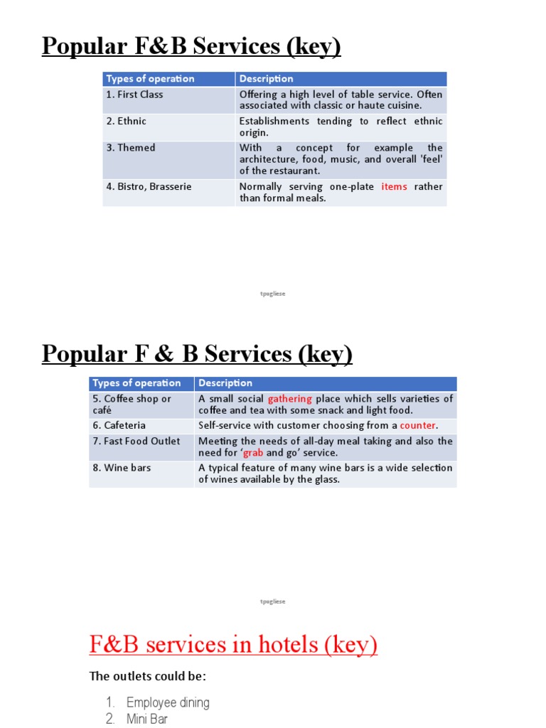Popular F&B Services (Key) : Types of Operation Description | PDF ...