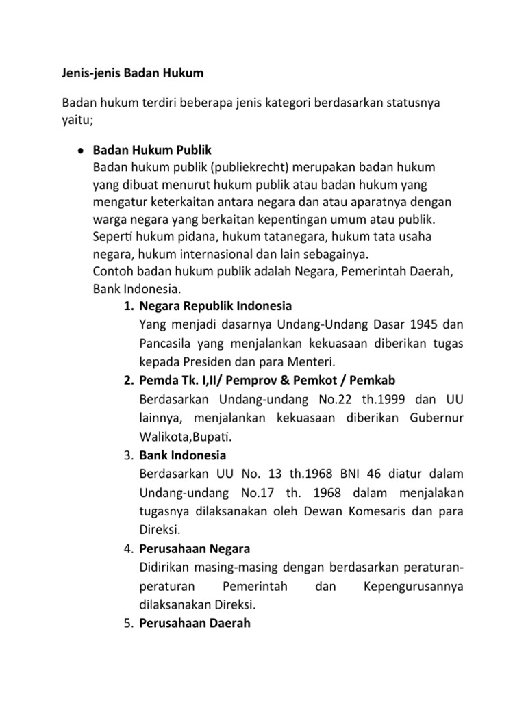Jenis Badan Hukum Dan Contoh Badan Hukum Publik | PDF