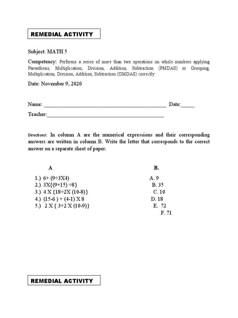 Math5 Remedial Activity | PDF