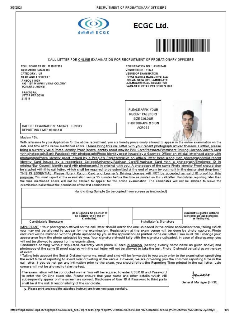 Exam Call Letter for Probationary Officers | PDF | Identity Document ...