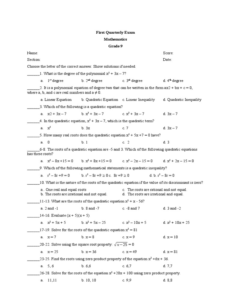 First Quarterly Exam Mathematics Grade 9: 2 ST ND RD TH | PDF ...