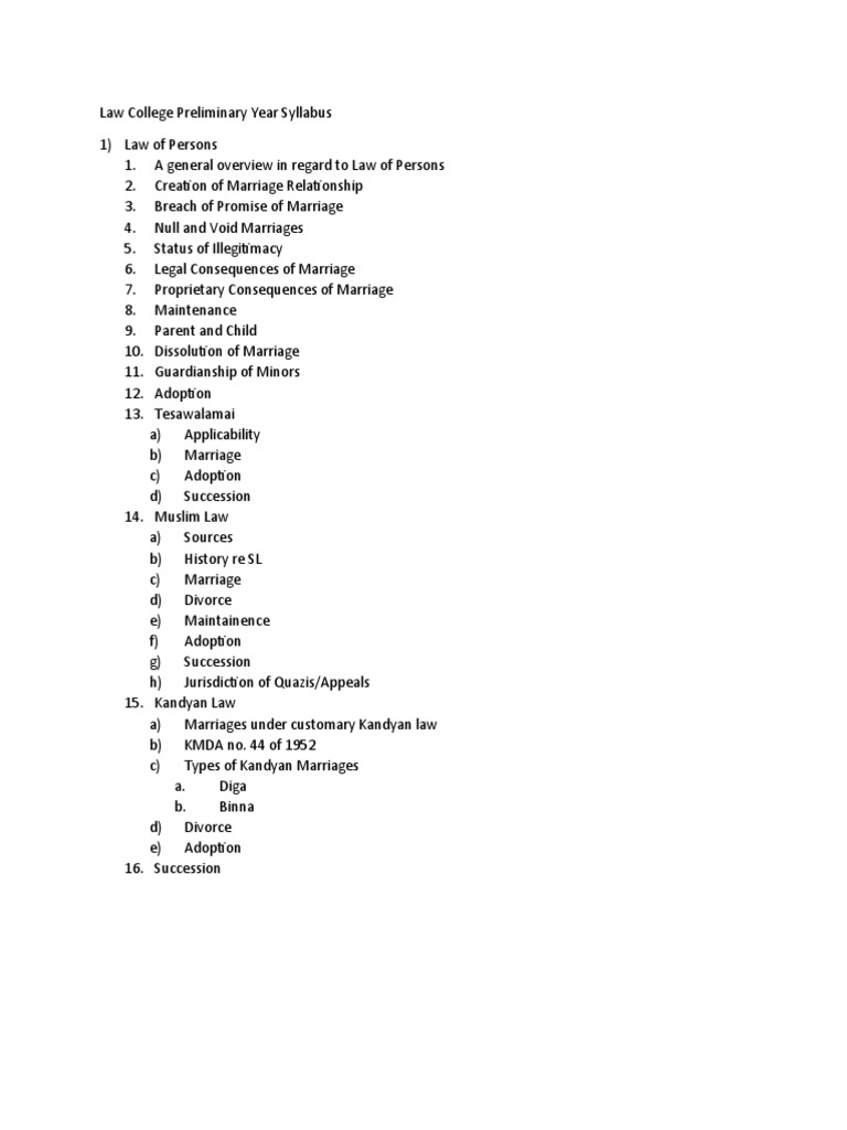 Law College Preliminary Year Syllabus | PDF | Environmental Law | Marriage