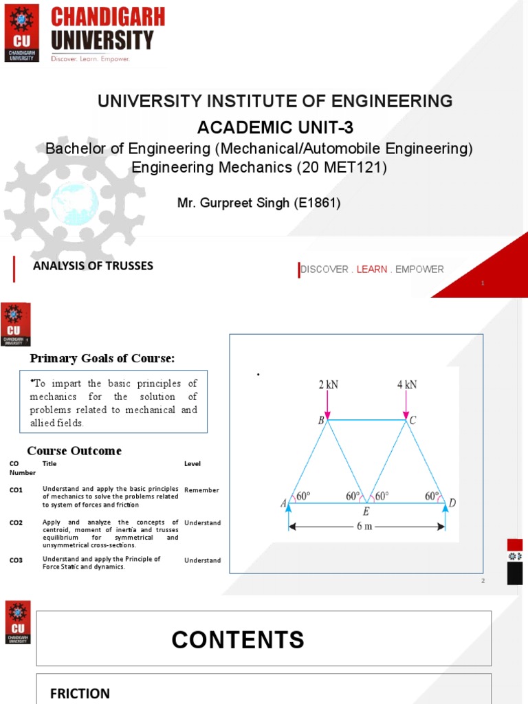 University Institute of Engineering: Academic Unit-3 | Download Free PDF | Truss | Force