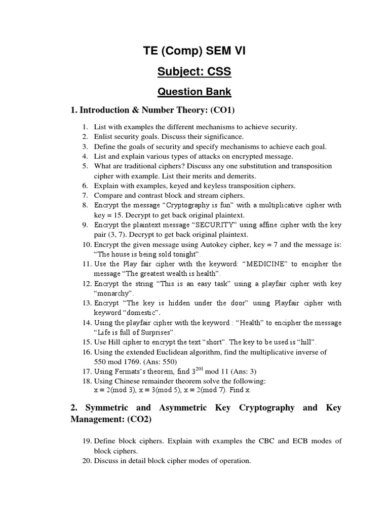 CSS Total Question Bank | PDF | Public Key Cryptography | Cipher