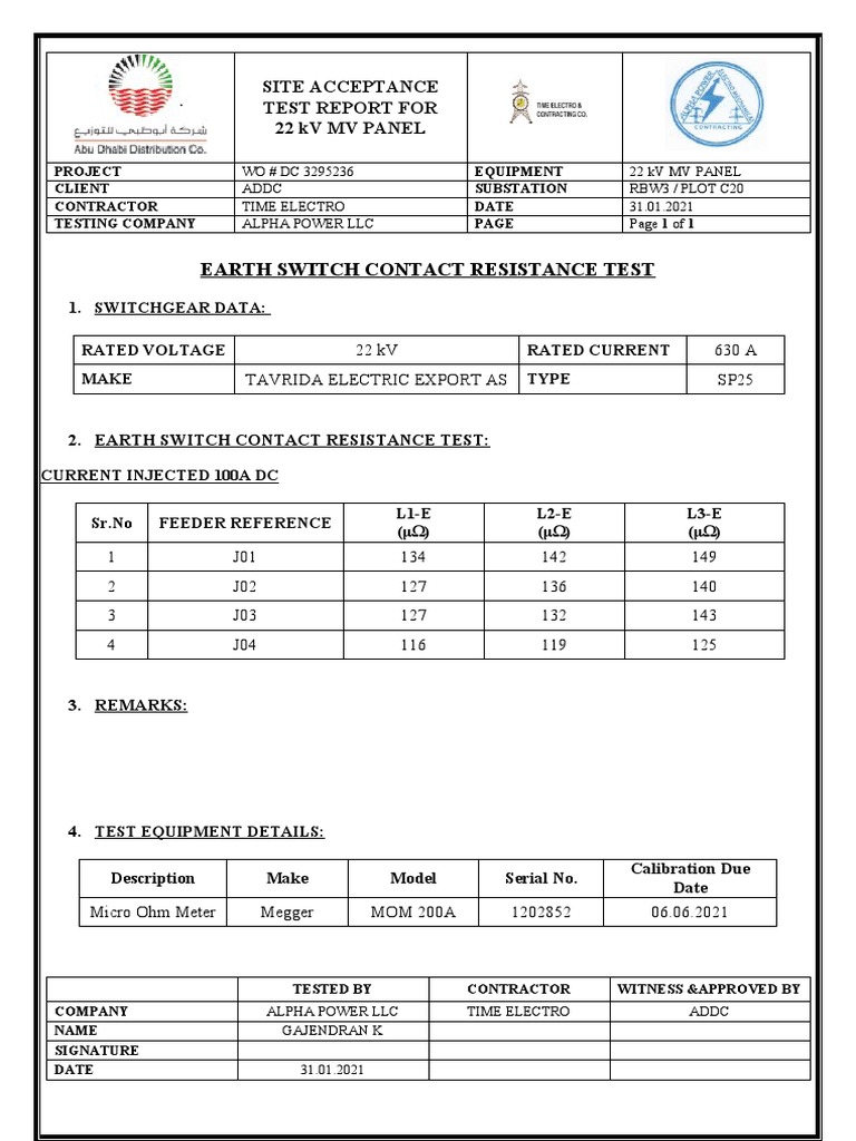 Earth Switch Contact Resistance Test Report | PDF