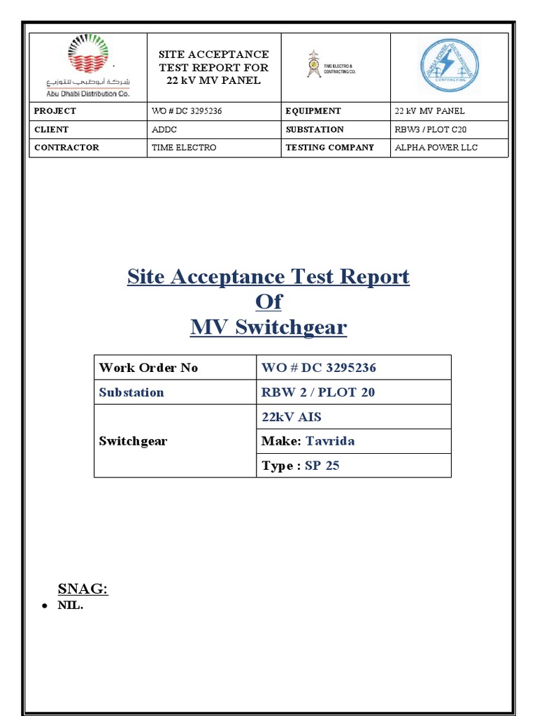 Site Acceptance Test Report of MV Switchgear: Snag | PDF