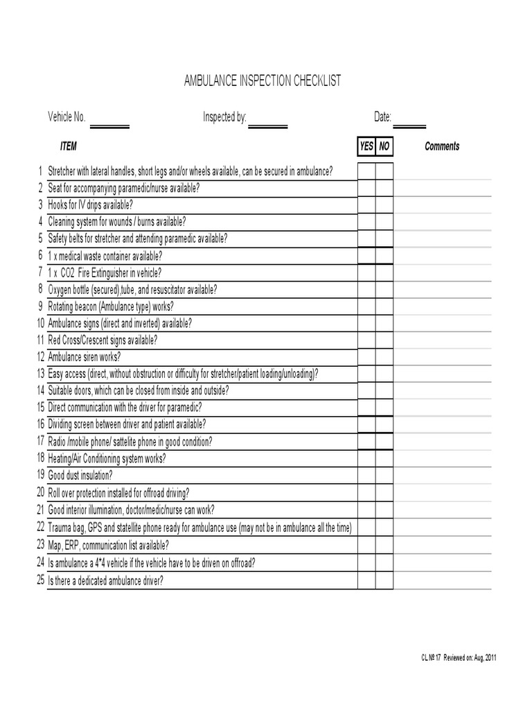 Ambulance Inspection Checklist: Vehicle No. Inspected By: Date | PDF