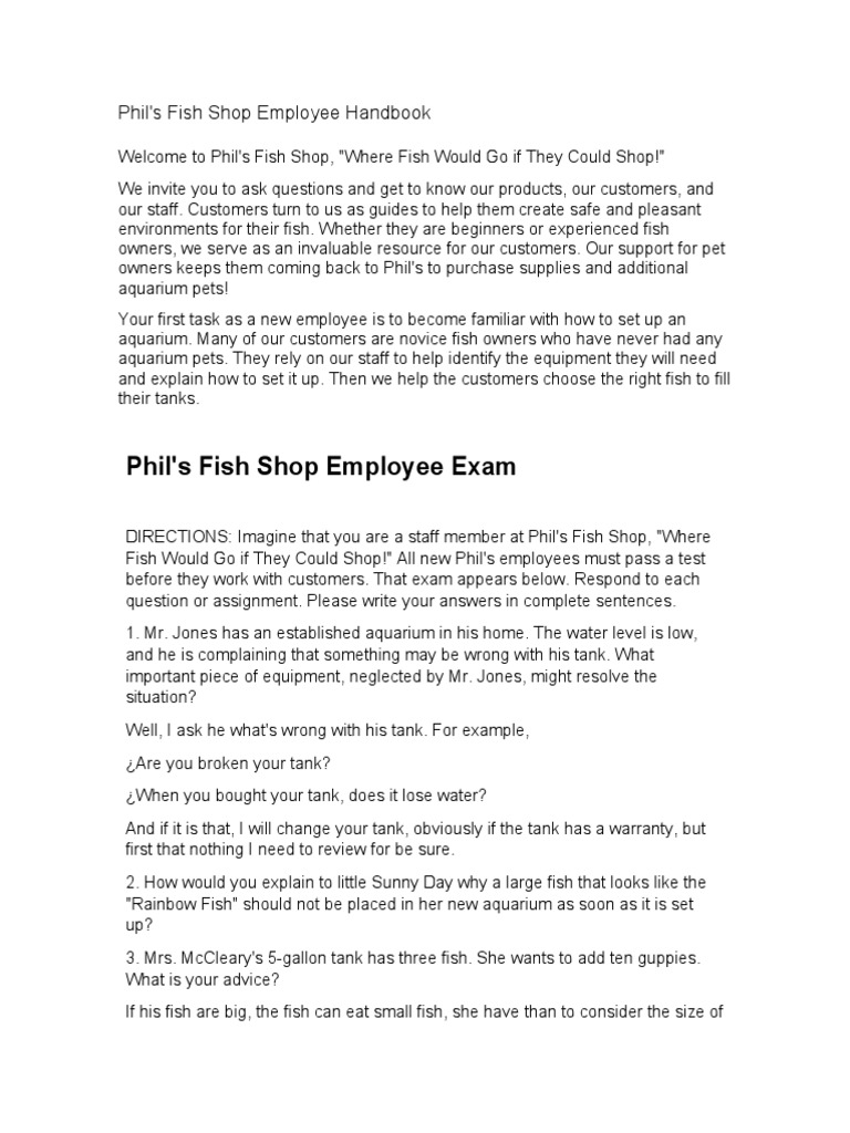 Phil's Fish Shop Employee Handbook | PDF | Aquarium | Fish