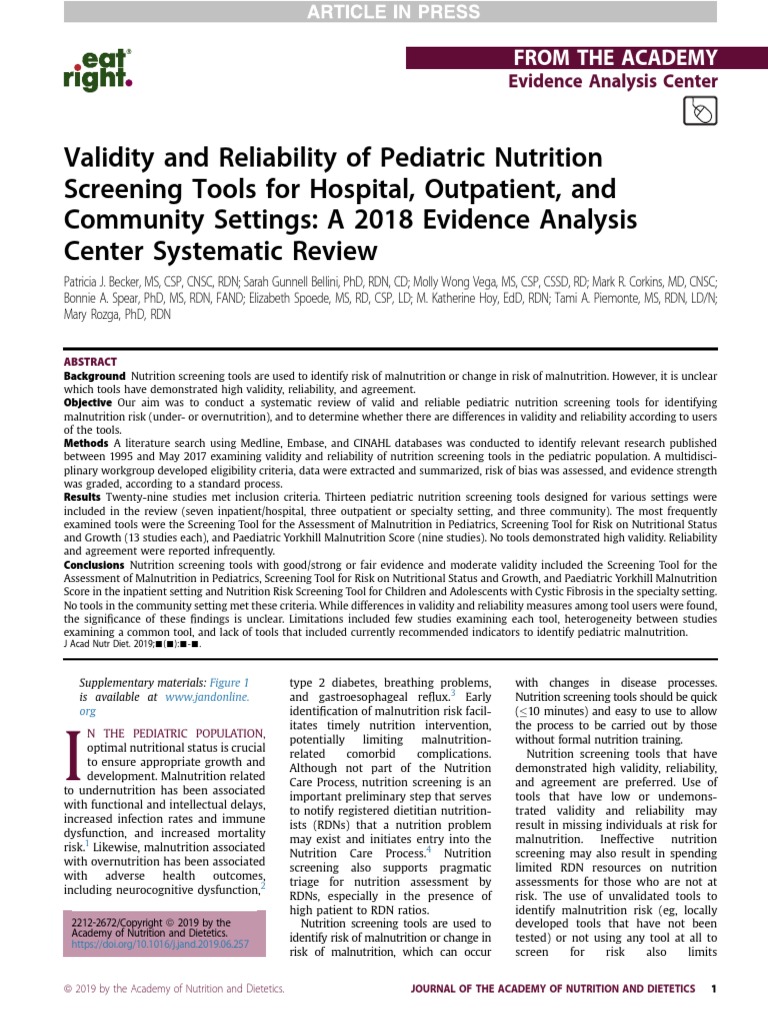 ADA Pediatric Screening Tools | PDF | Systematic Review | Malnutrition