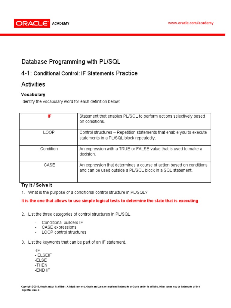 Database Programming With Pl Sql 4 1 Practice Activities Conditional Control If Statements