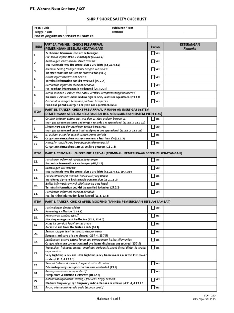 SCF 020 - Ship Shore Safety Checklist | PDF | Oil Tanker | Chemical ...