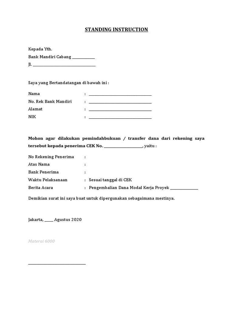 Contoh Surat Standing Instruction Bank | PDF | Pengelolaan Keuangan & Uang