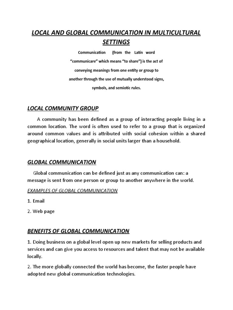 Local and Global Communication in Multicultural Settings. | PDF | Cross ...