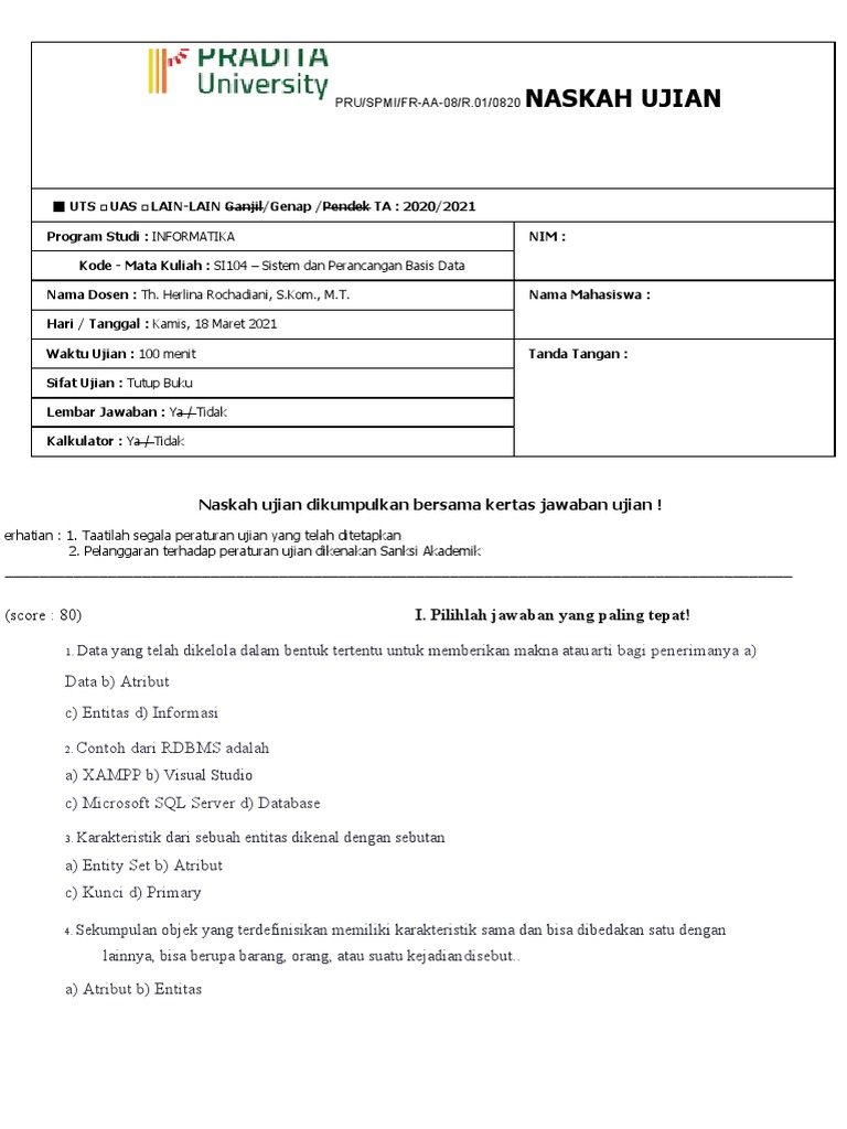 Soal UTS Sistem Dan Perancangan Basis Data | PDF