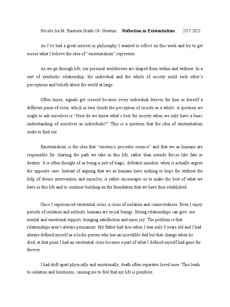 Bautista - Reflection Paper in Research - Existentialism | PDF | Existentialism | Idea
