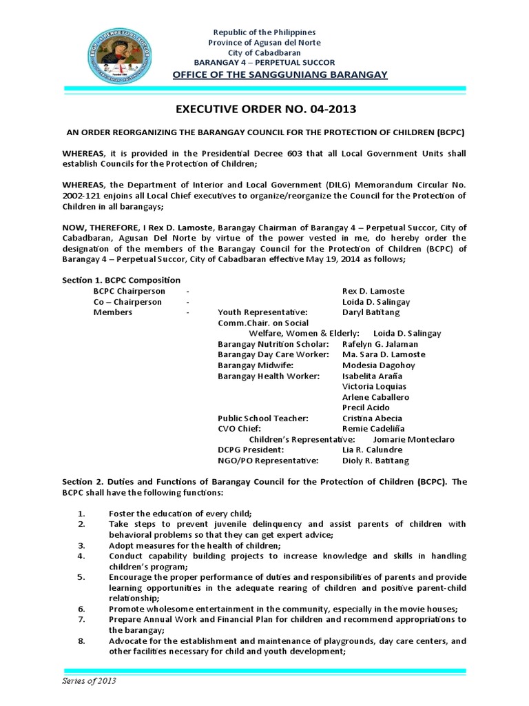 EXECUTIVE ORDER - BCPC | PDF | Human Life Stages | Human Development