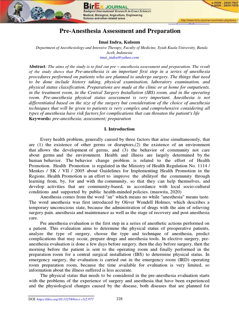 Pre Anesthesia Assessment and Preparation | PDF | Anesthesia | Physical ...