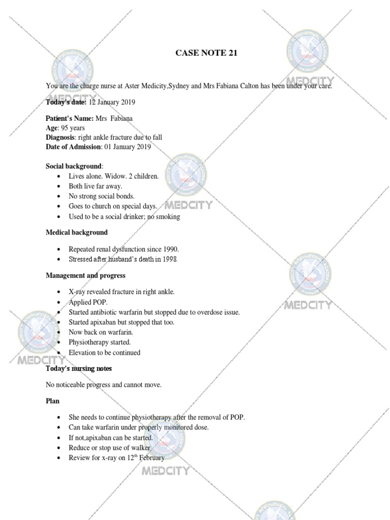 Case Note on the Medical History and Treatment Plan for 95-Year-Old Mrs ...