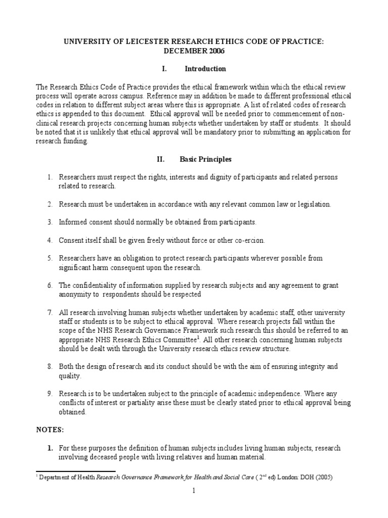 University of Leicester Research Ethics Code of Practice: December 2006 ...