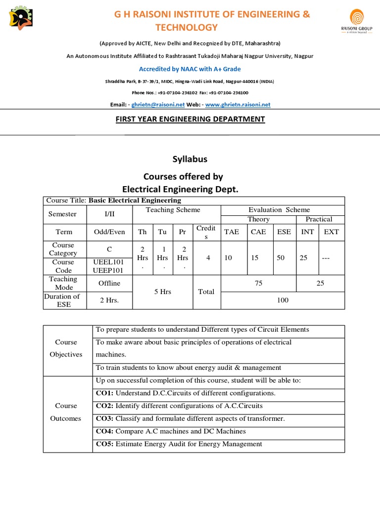 Syllabus Courses Offered by Electrical Engineering Dept.: First Year ...