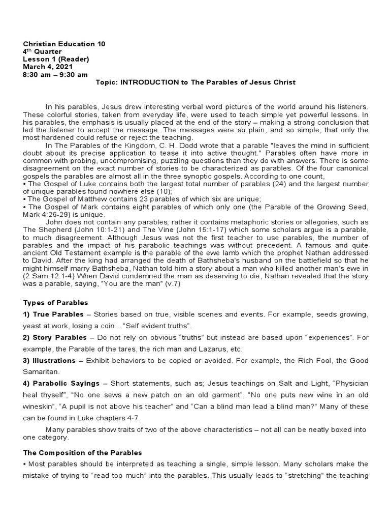 Introduction to Jesus' Parables | PDF | Parables Of Jesus | Parable