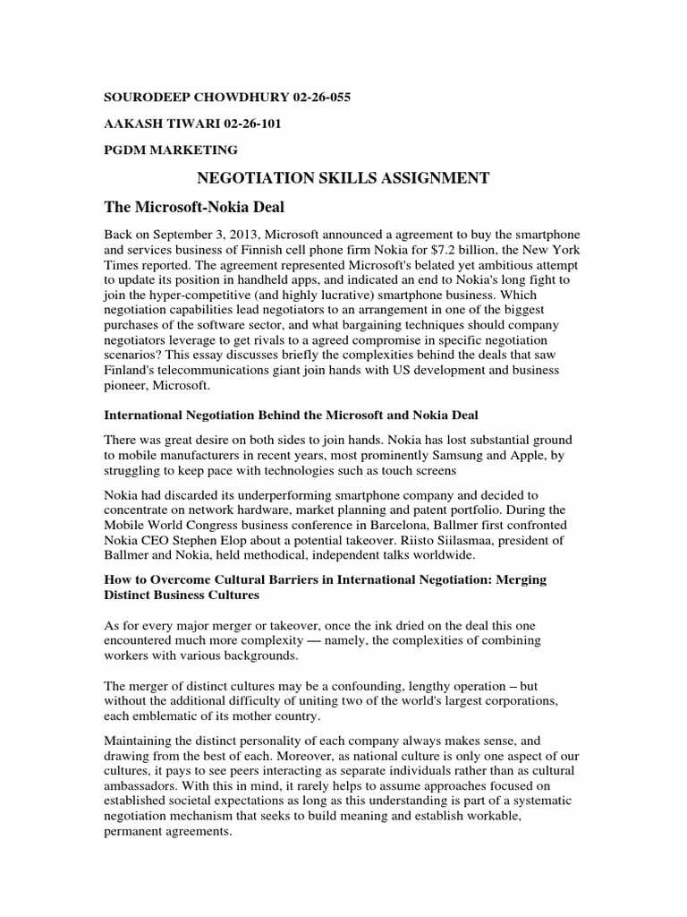 Negotiation Skills Assignment The Microsoft-Nokia Deal | PDF | Nokia | Smartphone