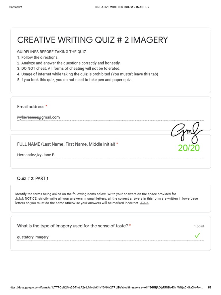 Creative Writing Quiz # 2 Imagery: Email Address | PDF | Senses ...
